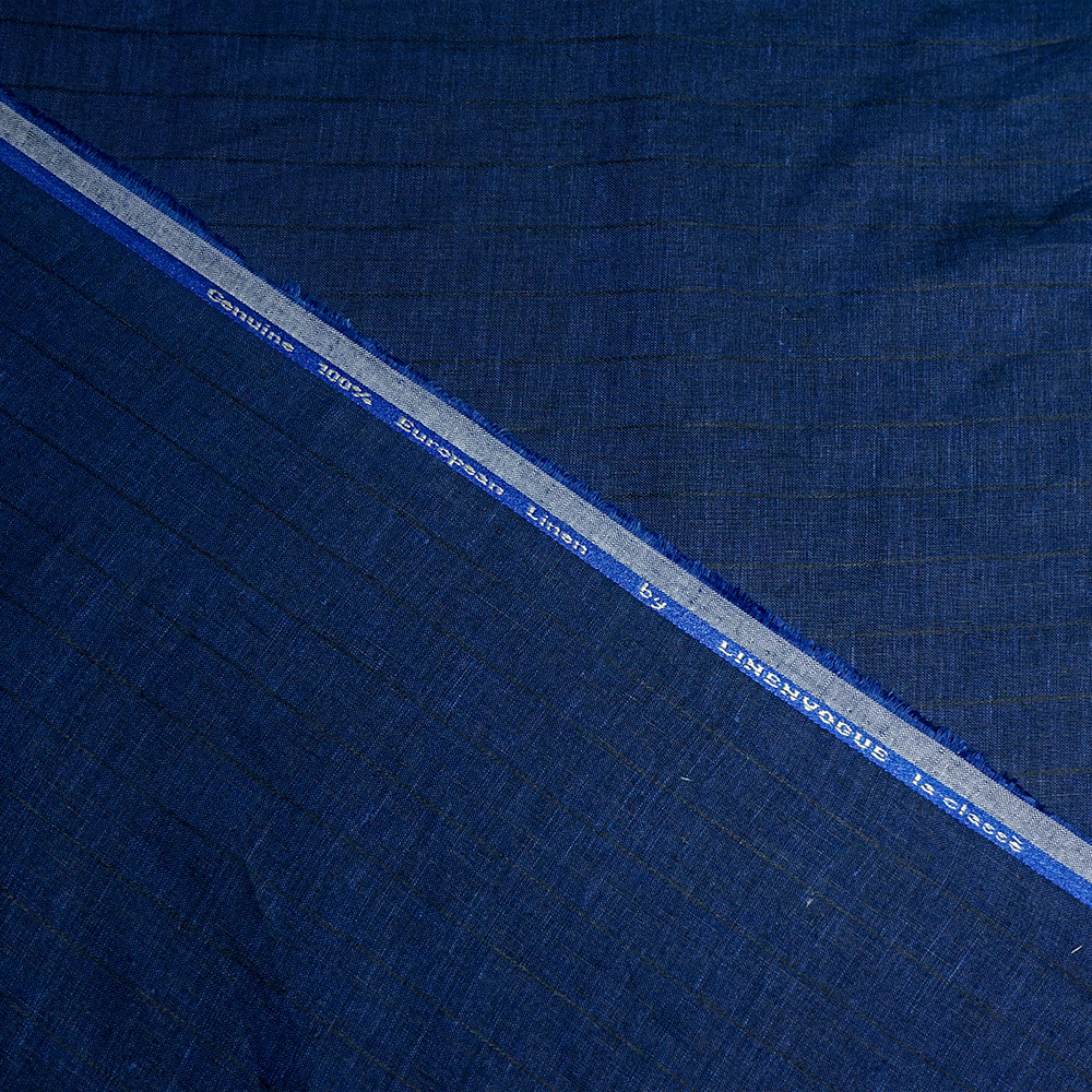 Linen Vogue 100% Pure Linen Blue with Black Strips Fabric – Linen Avenue