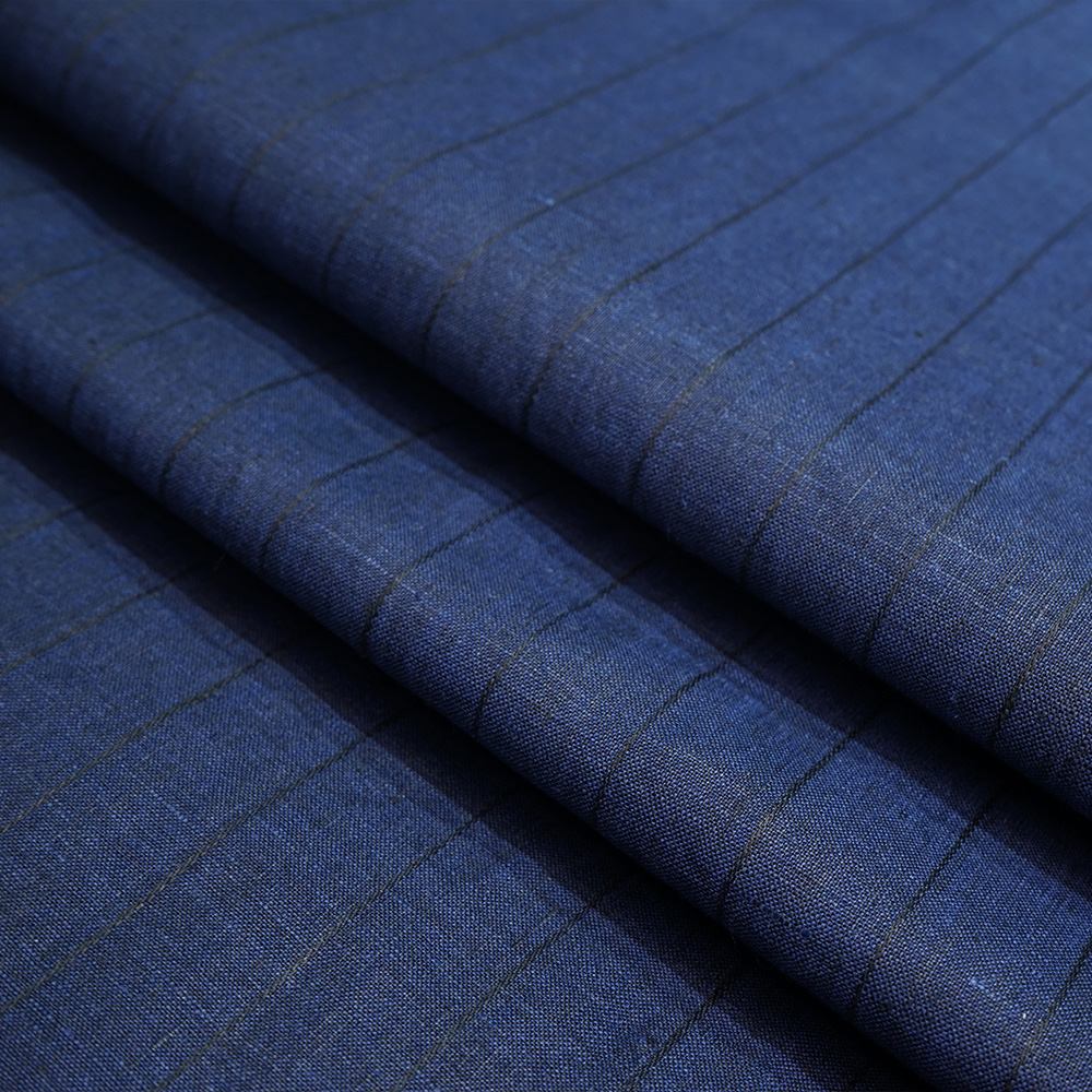 Linen Vogue 100% Pure Linen Blue with Black Strips Fabric – Linen Avenue